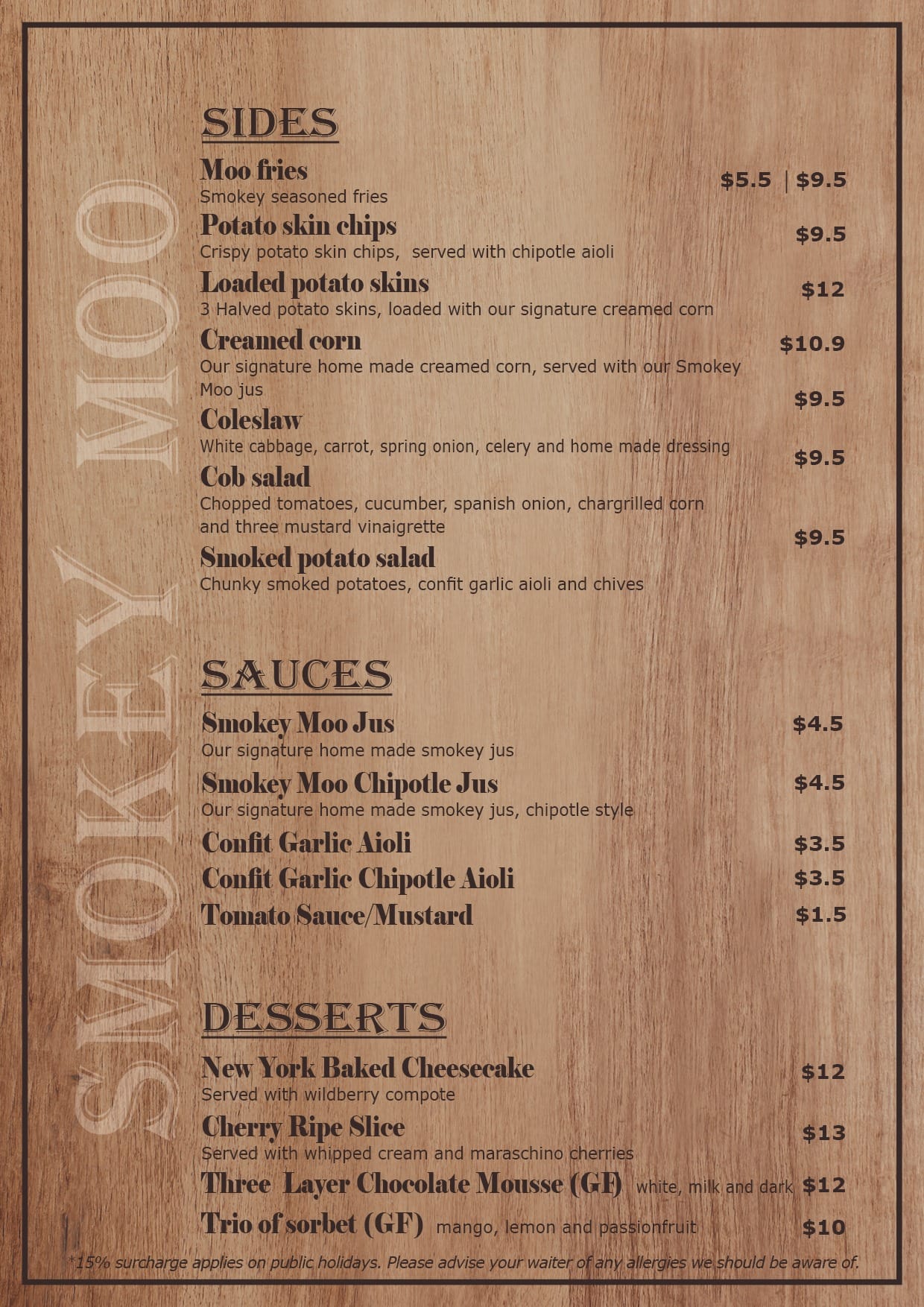 Menu at Smokey Moo restaurant, Brisbane City, Shop 3001