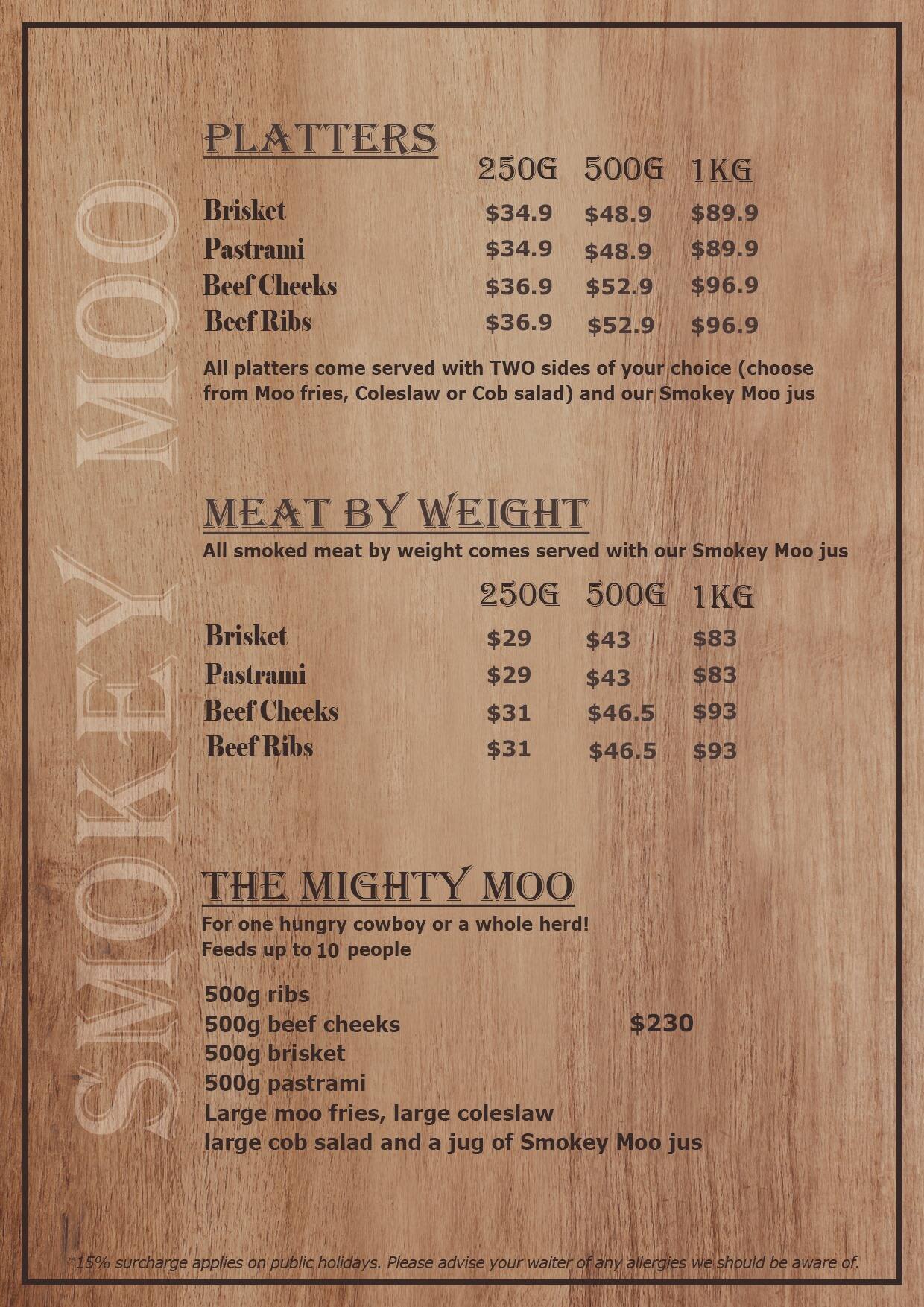 Menu at Smokey Moo restaurant, Brisbane City, Shop 3001