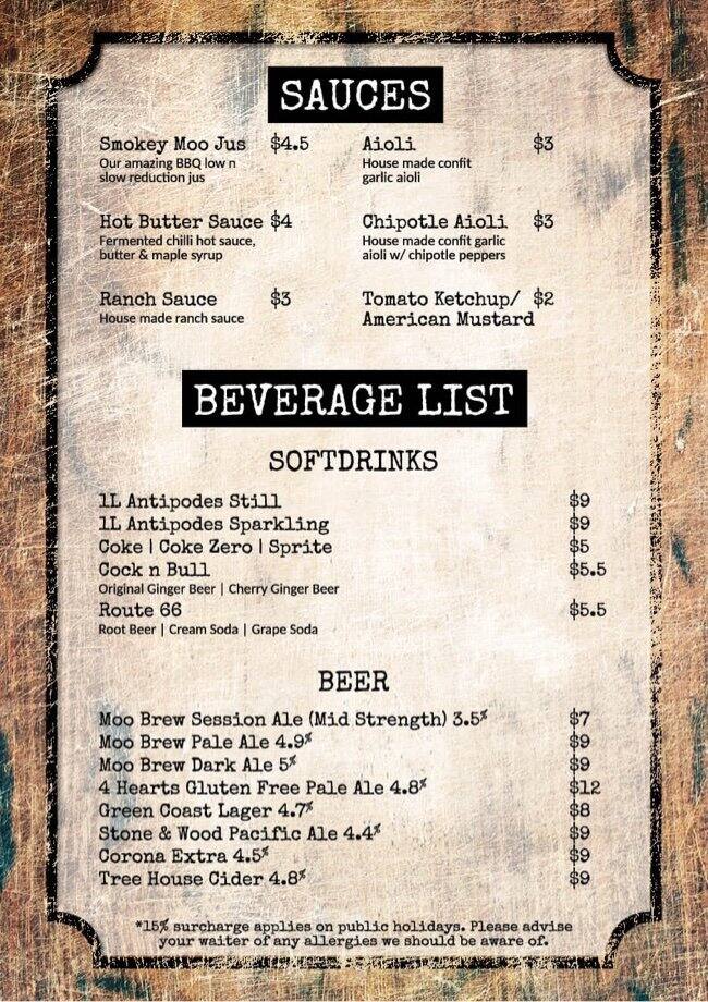 Menu at Smokey Moo restaurant, Brisbane City, Shop 3001