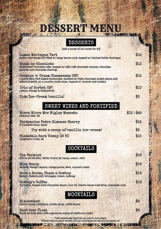 Menu at Smokey Moo restaurant, Brisbane City, Shop 3001