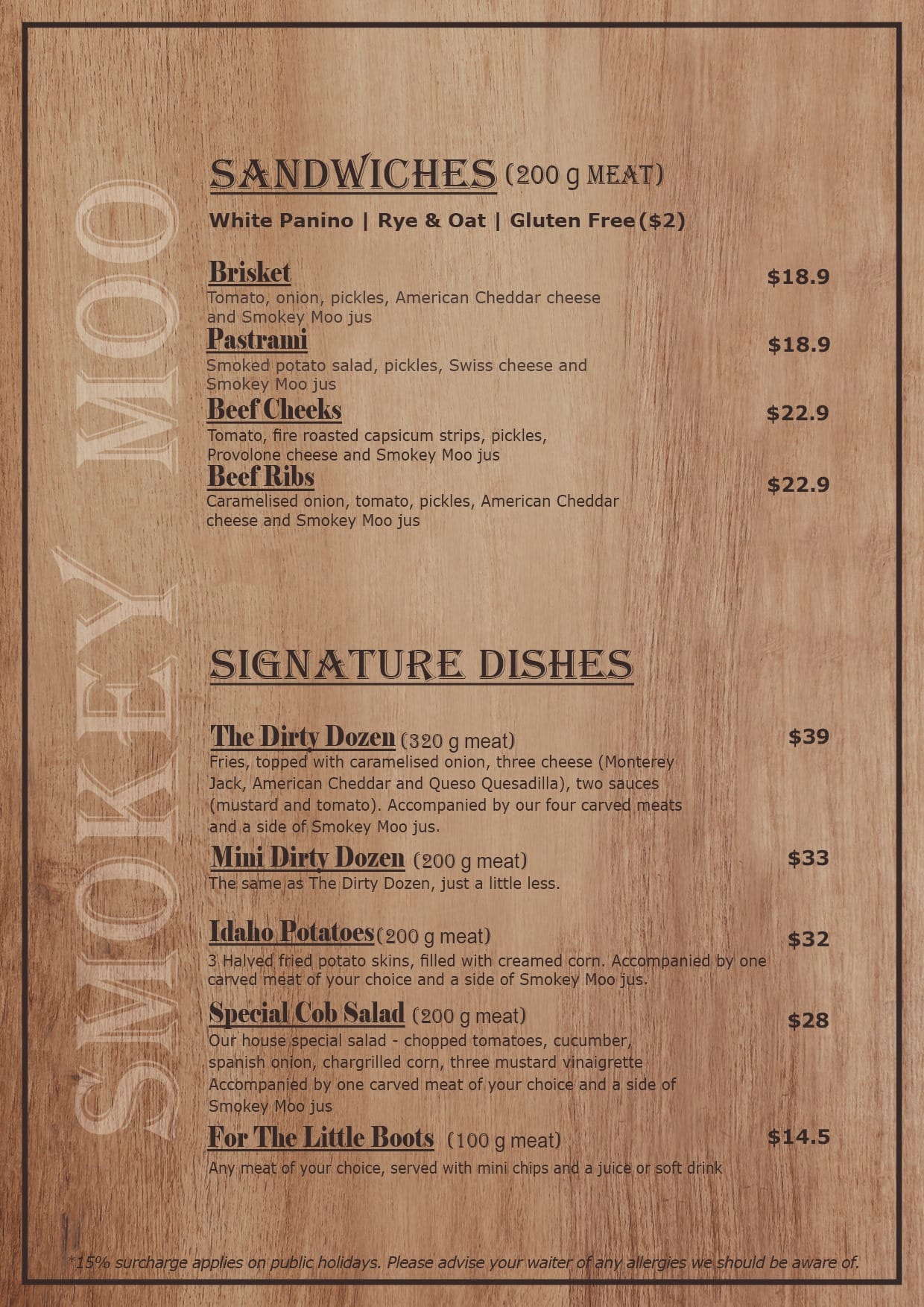 Menu at Smokey Moo restaurant, Brisbane City, Shop 3001