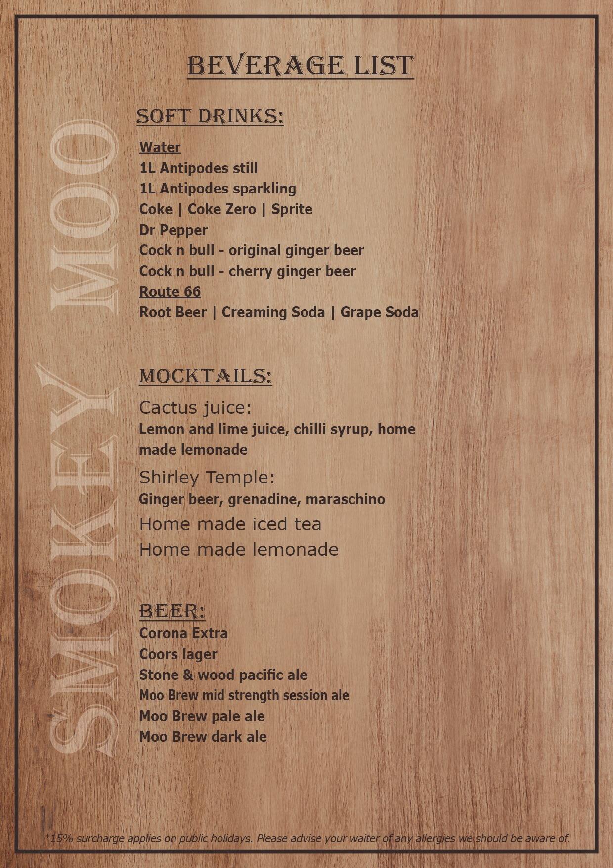 Menu at Smokey Moo restaurant, Brisbane City, Shop 3001