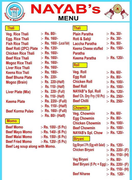 Menu of Nayab's Hotel & Restaurant, Hatigaon, Guwahati
