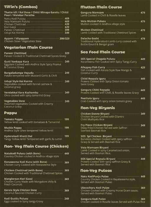 Menu at Soul of South, Hyderabad