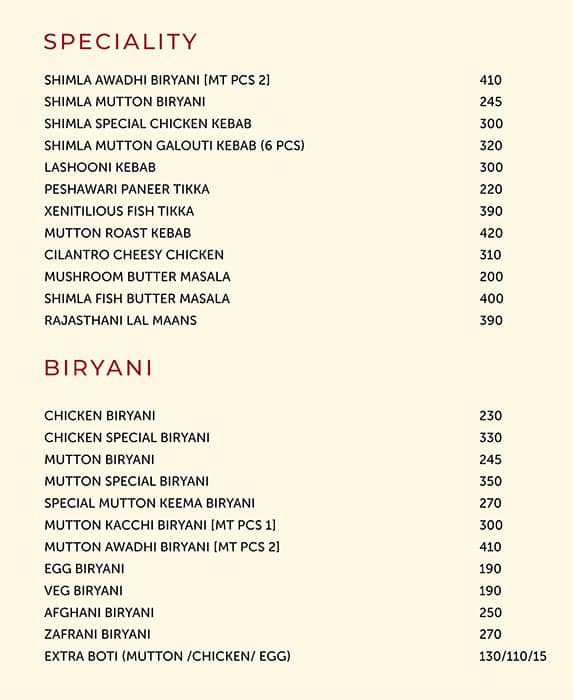 Menu of Shimla Biryani, Chinar Park, Kolkata