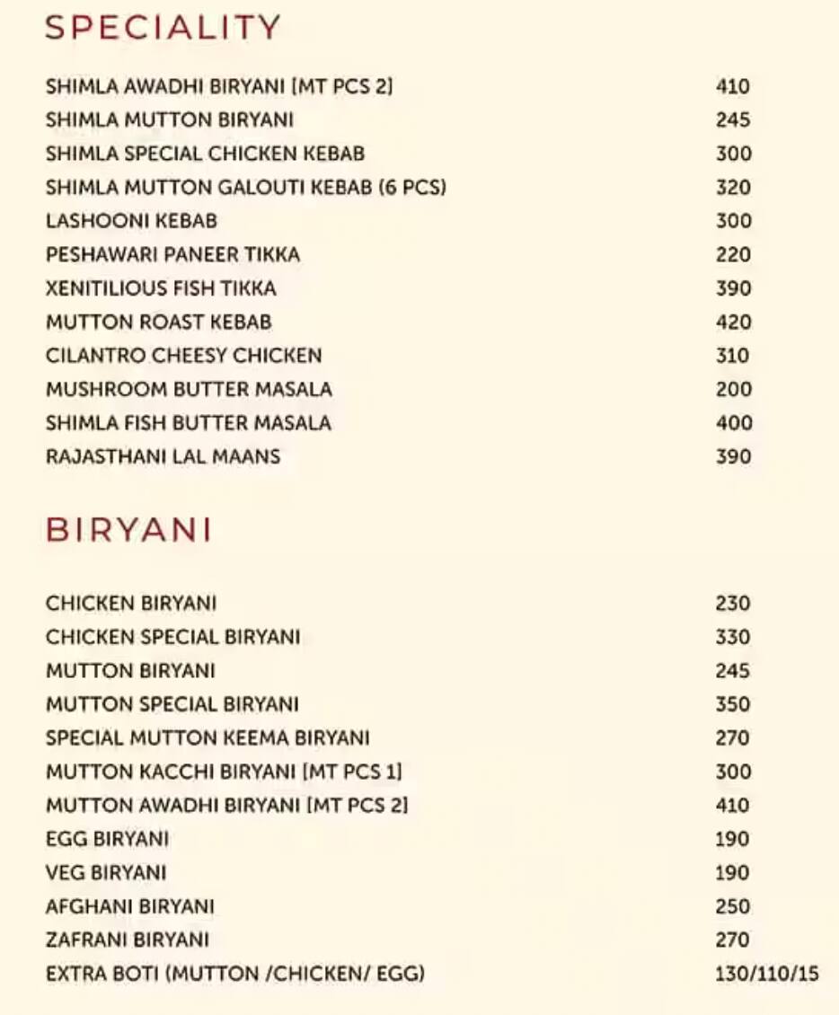 Menu of Shimla Biryani, Chinar Park, Kolkata
