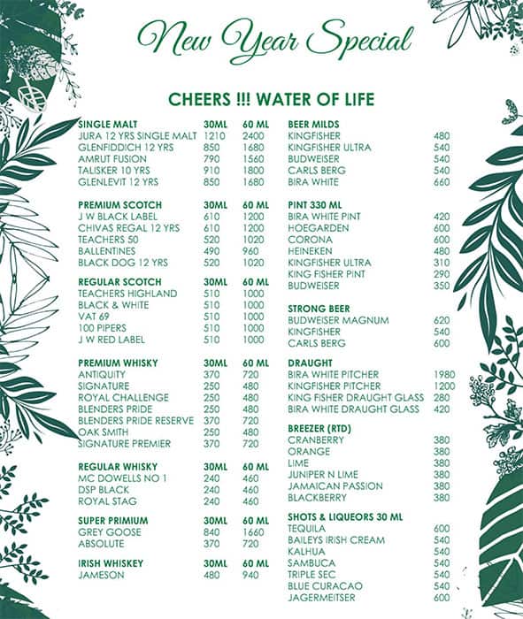 Menu of Green House, Vile Parle East, Mumbai