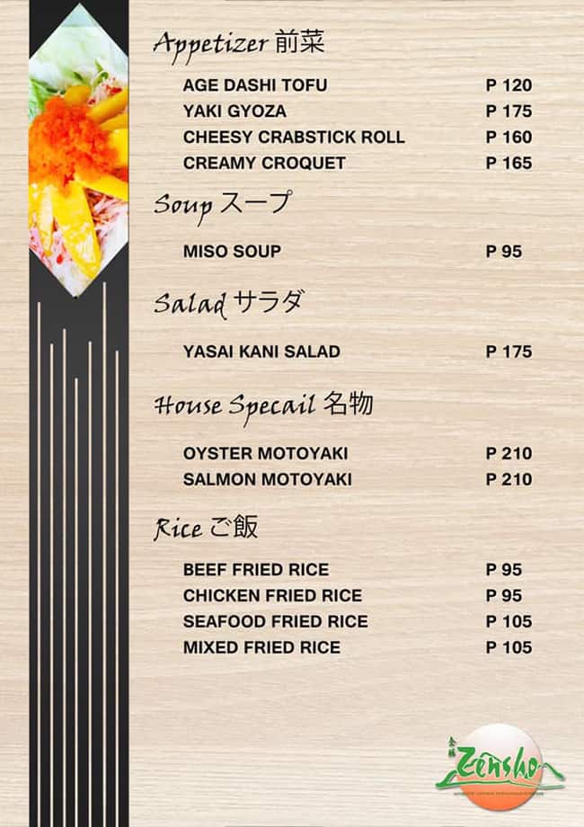 Menu at Zensho restaurant, Quezon City, Dallas Square