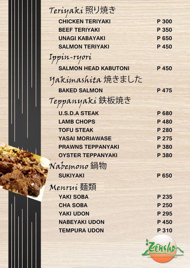 Menu at Zensho restaurant, Quezon City, Dallas Square