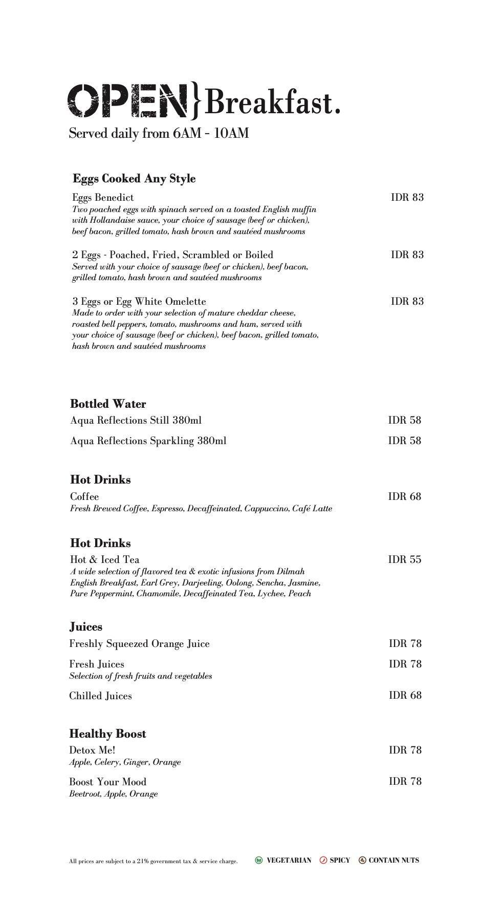 Menu at OPEN Restaurant, Jakarta, Jalan Kompleks Megaria No.12