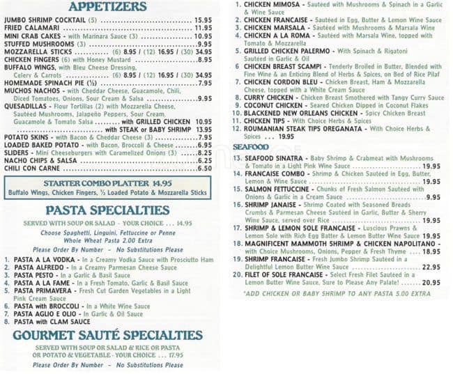 Menu at Fame Diner restaurant, New York City, Grand Ave