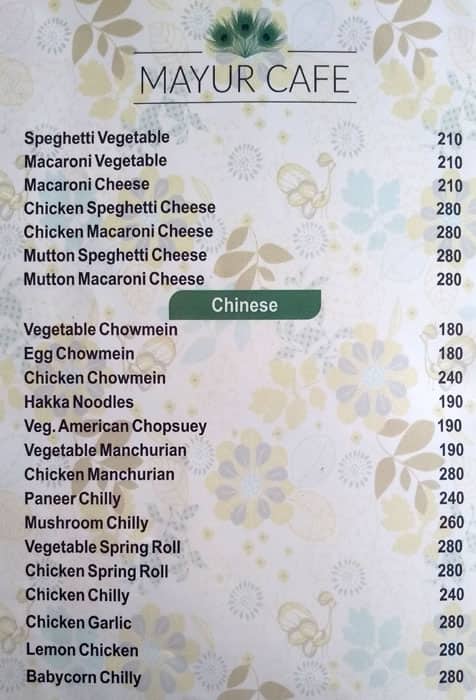 Menu at Mayur Cafe, Udaipur