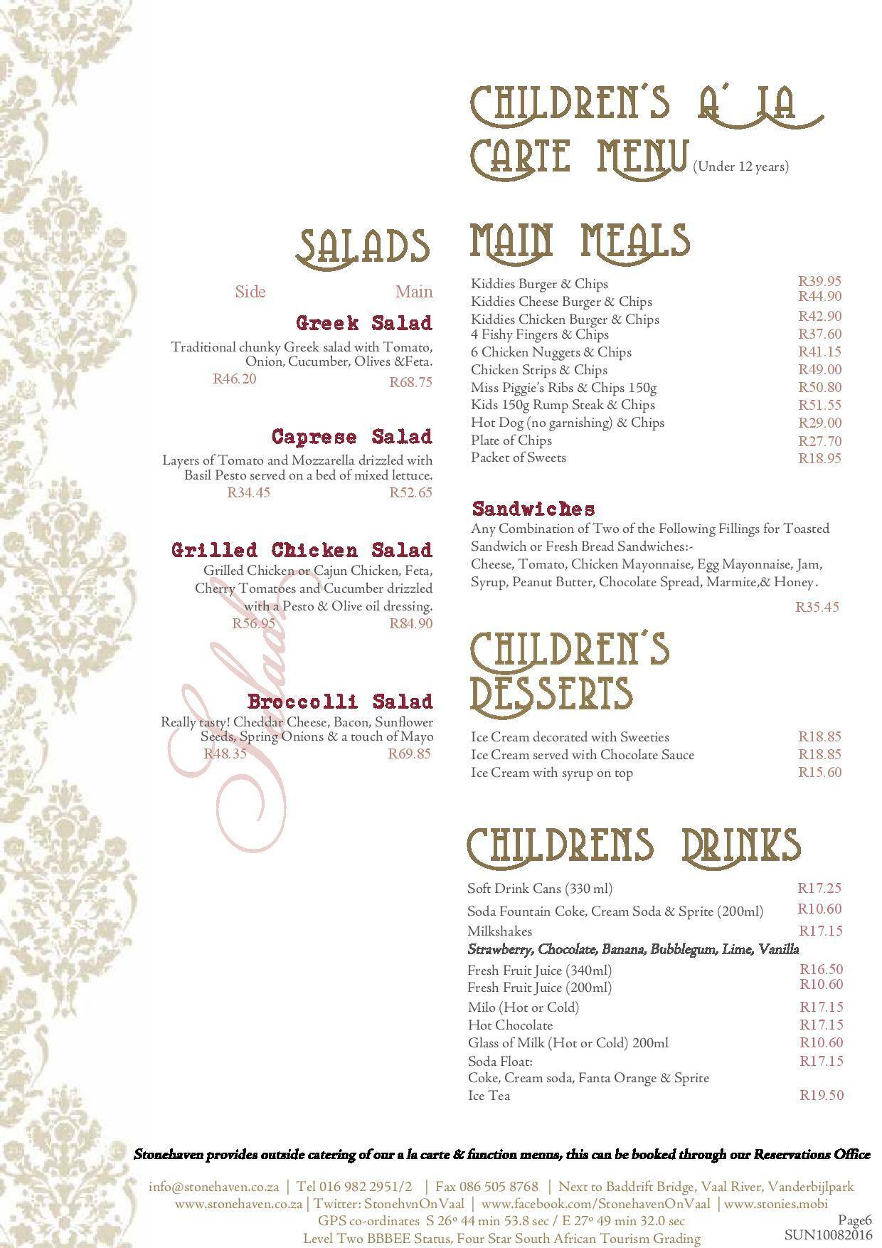 Menu at Stonehaven on Vaal restaurant, Vanderbijlpark