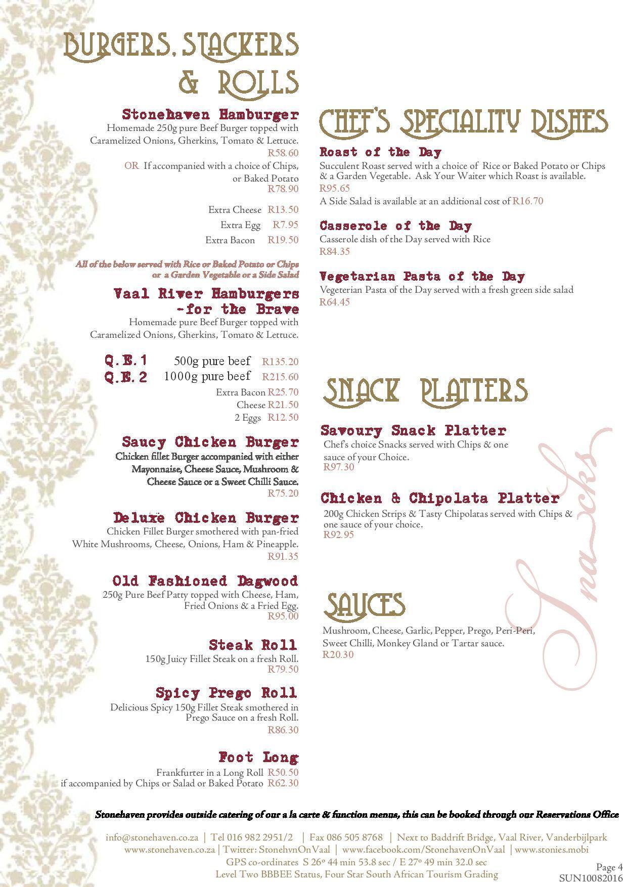 Menu at Stonehaven on Vaal restaurant, Vanderbijlpark