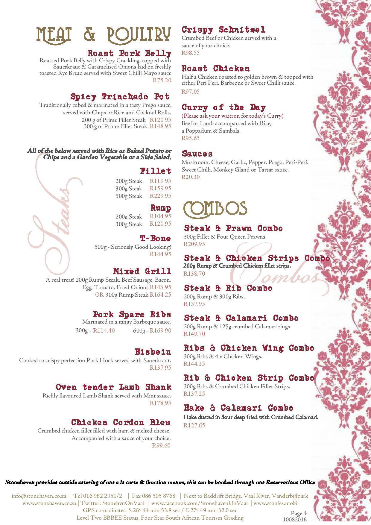 Menu at Stonehaven on Vaal restaurant, Vanderbijlpark