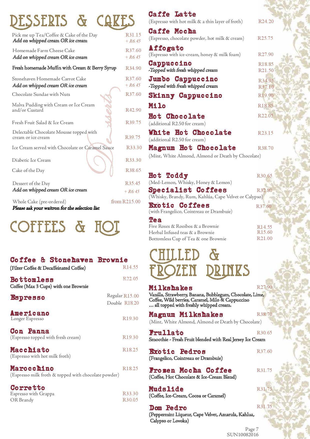 Menu at Stonehaven on Vaal restaurant, Vanderbijlpark