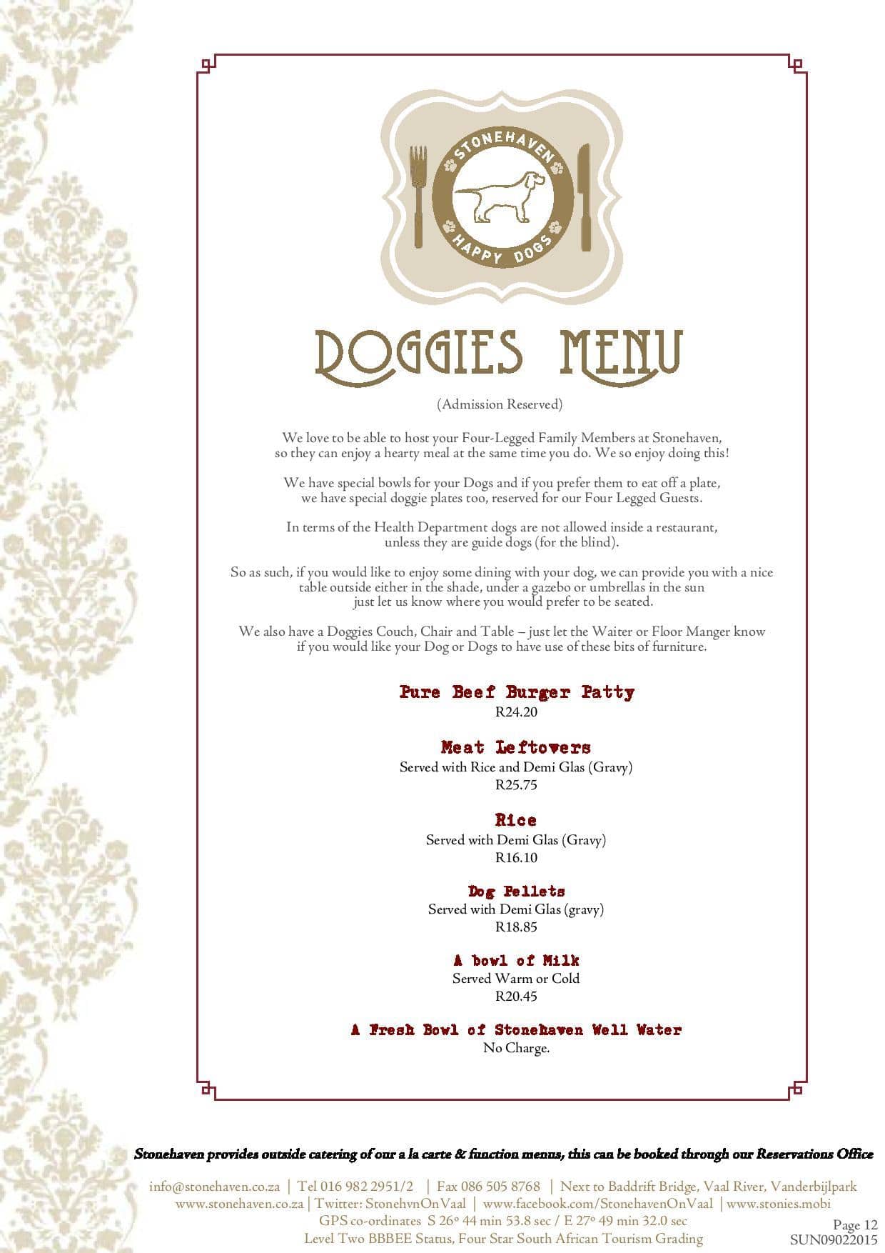 Menu at Stonehaven on Vaal restaurant, Vanderbijlpark