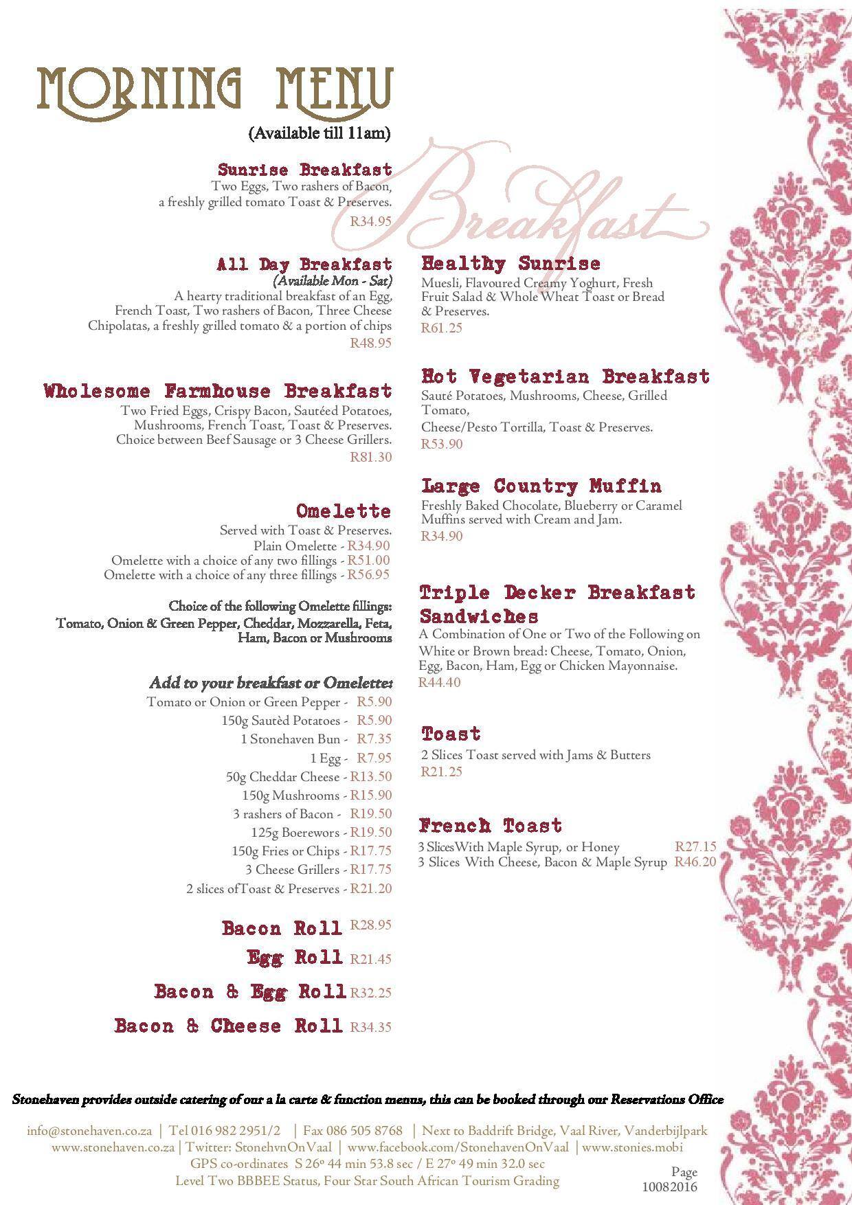 Menu at Stonehaven on Vaal restaurant, Vanderbijlpark