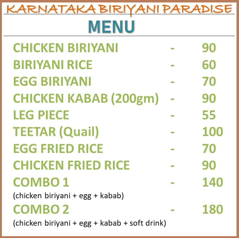 Menu of Karnataka Biriyani Paradise, Jalahalli, Bangalore