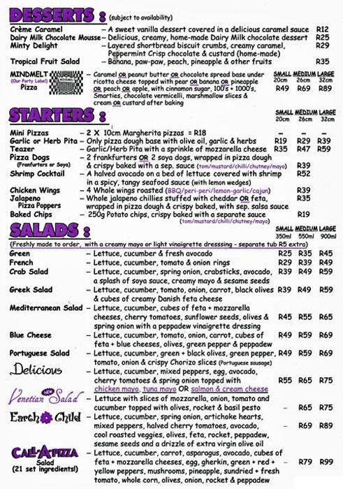 Speisekarte von Call-A-Pizza, Kapstadt, 57 Regent road