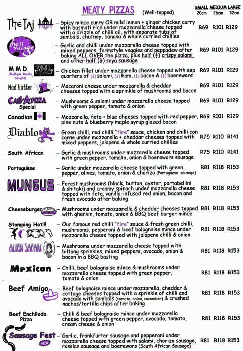 Speisekarte von Call-A-Pizza, Kapstadt, 57 Regent road