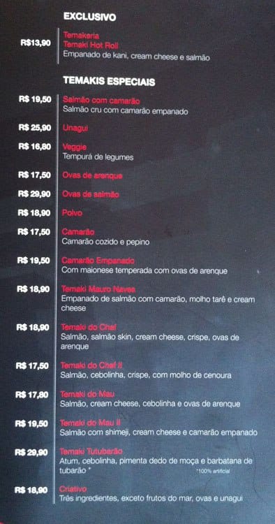 Menu at Temakeria & Cia restaurant, São Paulo, Rua Joaquim Floriano 307