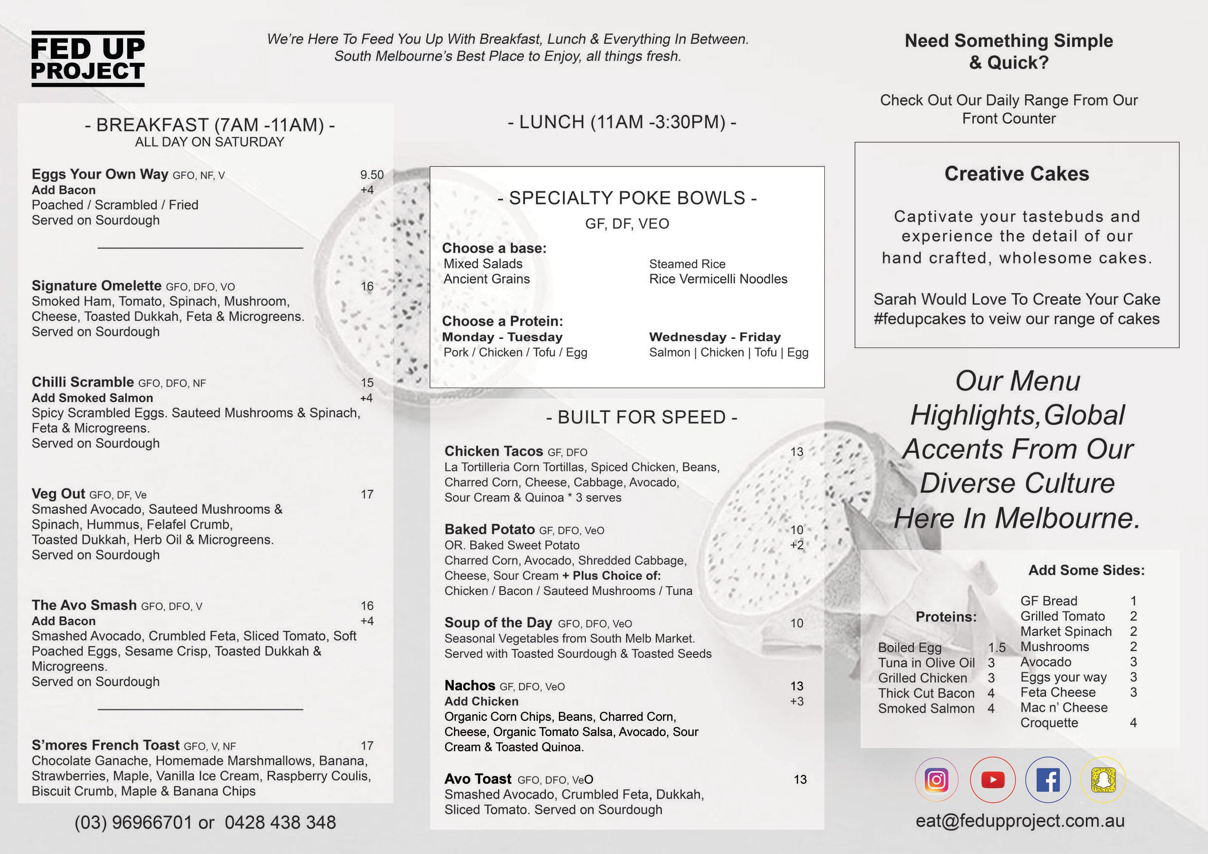 Menu at Fed Up Project cafe, South Melbourne