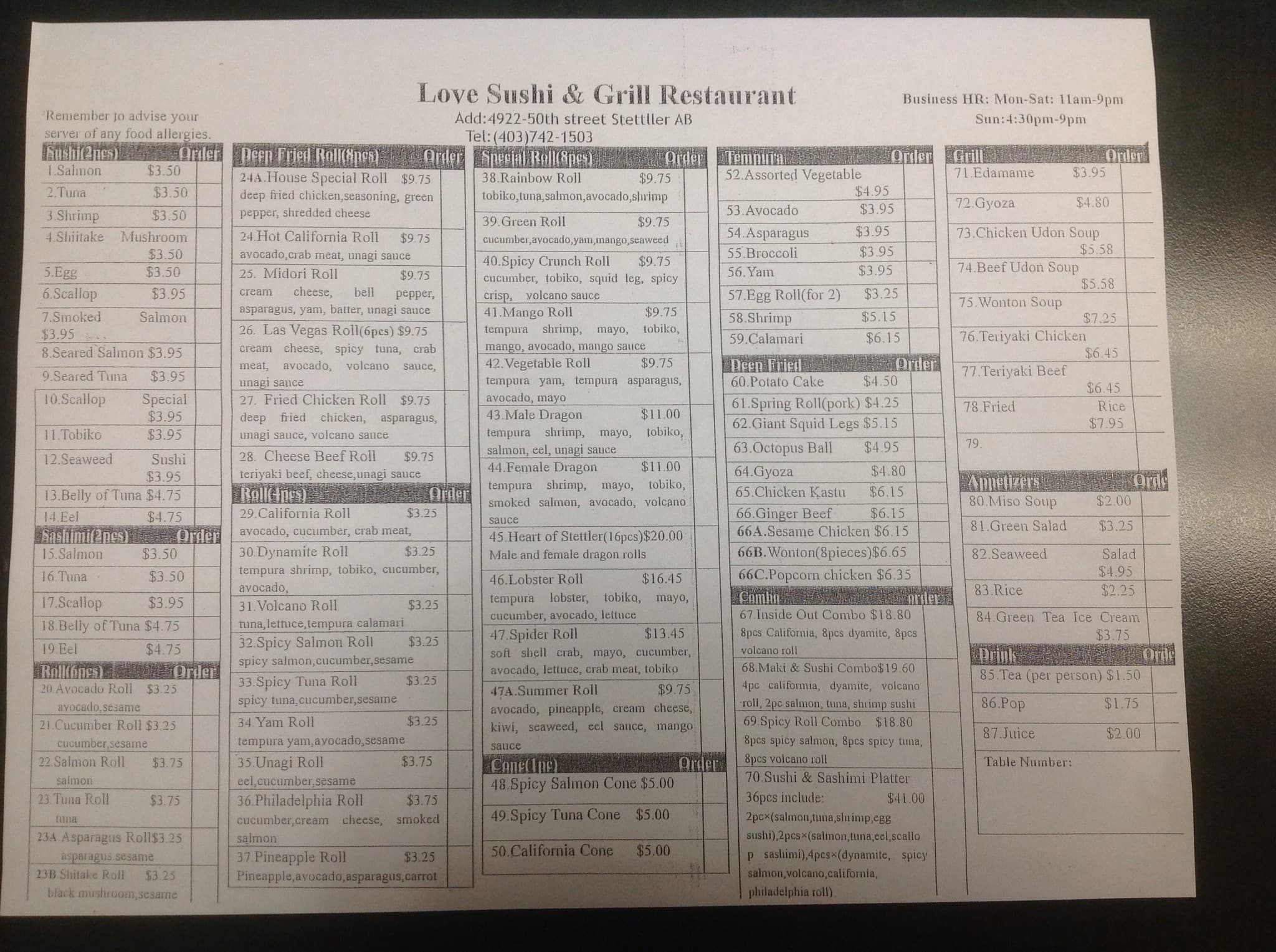 Menu at Love Sushi restaurant, Stettler
