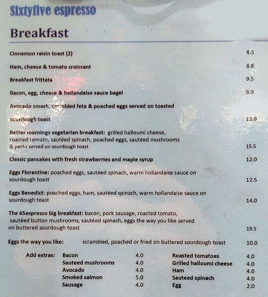 Menu at Sixty Five Espresso cafe, Montmorency
