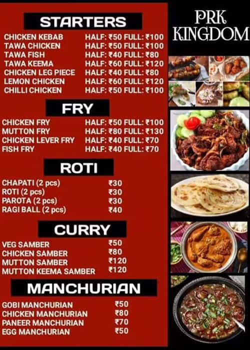 Menu of PRK Kingdom, Hebbal, Bangalore