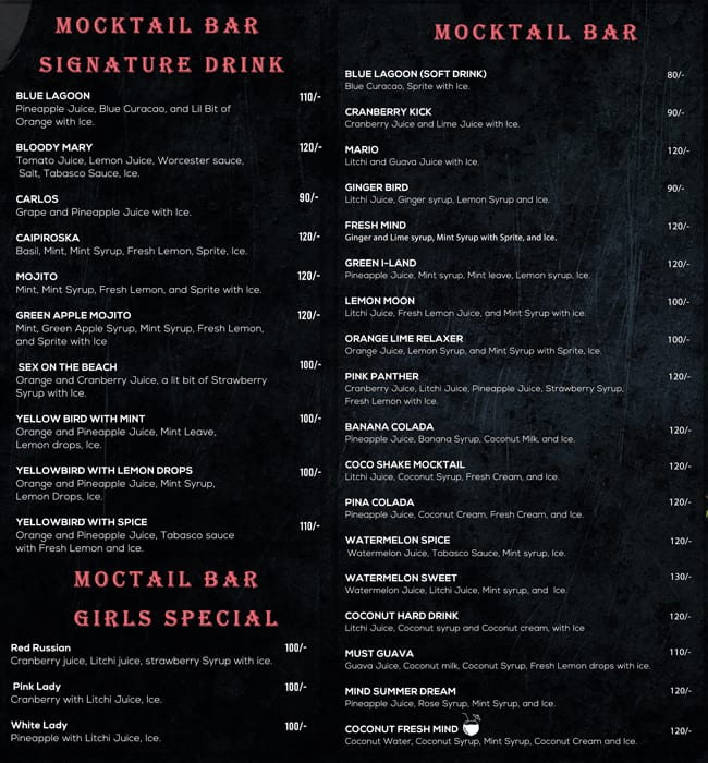 Menu of Mocktail Bar, Karelibaug, Vadodara