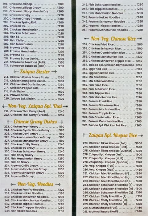 Menu of Zaiqaa, Dadar East, Mumbai