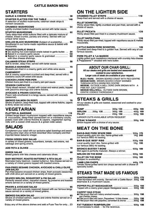 Cattle Baron Menu, Menu for Cattle Baron, Hennopspark, Pretoria - Zomato SA