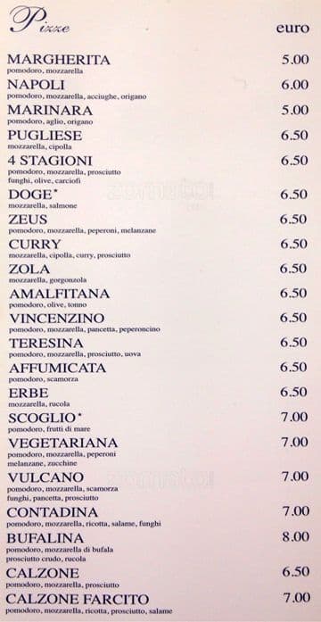 Menu da Il Doge di Amalfi pizzeria, Milano
