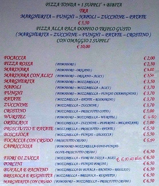 Menu at Lo Sfizio... Non Solo Pane' pizzeria, Rome