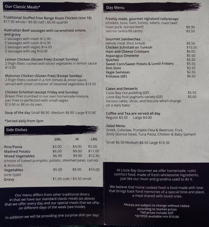 Menu at Lizzie Bay Gourmet fast food, Elizabeth Bay