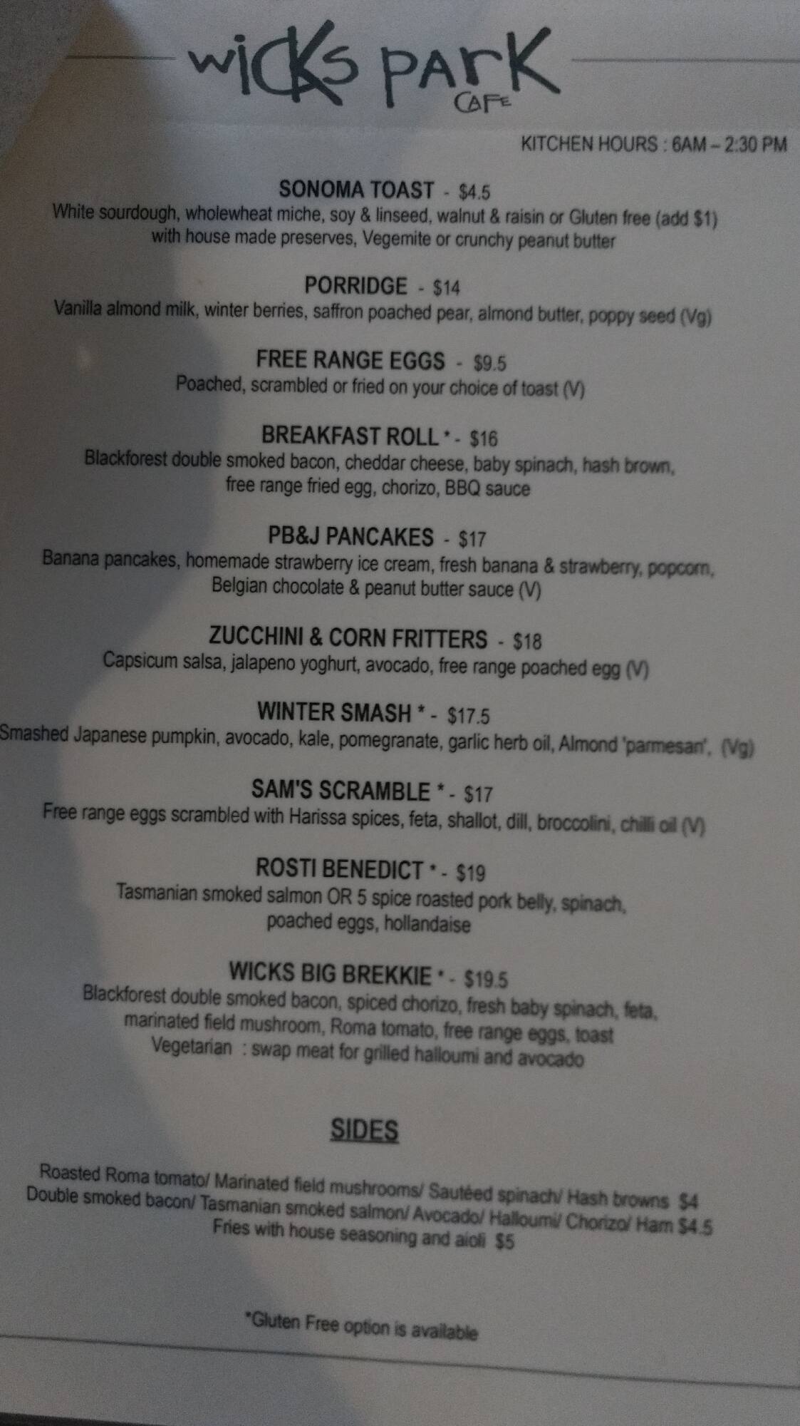 Menu at Wicks Park Cafe, Marrickville