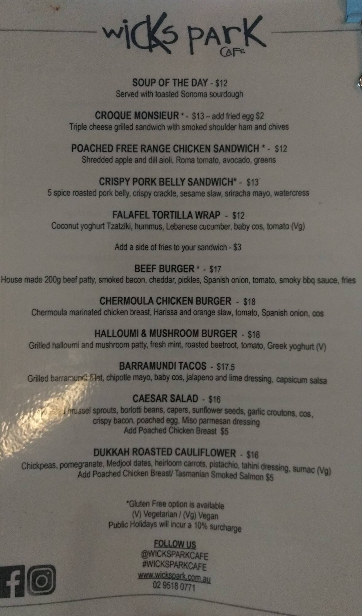 Menu at Wicks Park Cafe, Marrickville