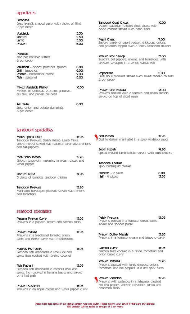 Menu at Moti Mahal Restaurant, Calgary, 14 St SW