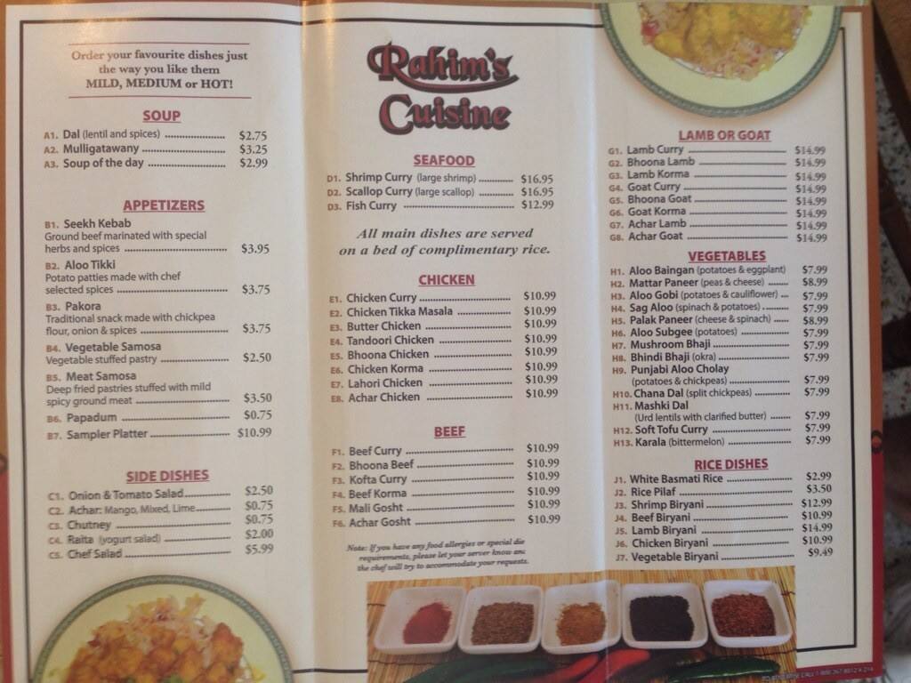 Menu at Rahim's Cuisine restaurant, Kingston