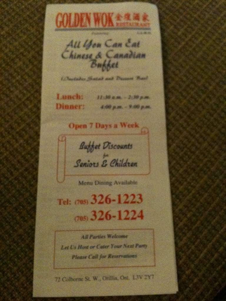 Menu at Golden Wok Restaurant, Orillia, 72 Colborne St W