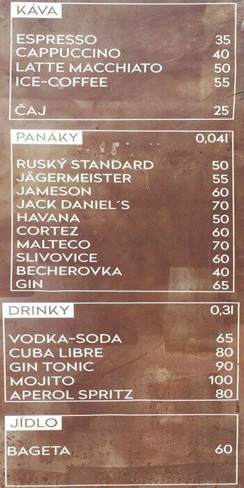 Menu at Stalin pub & bar, Prague