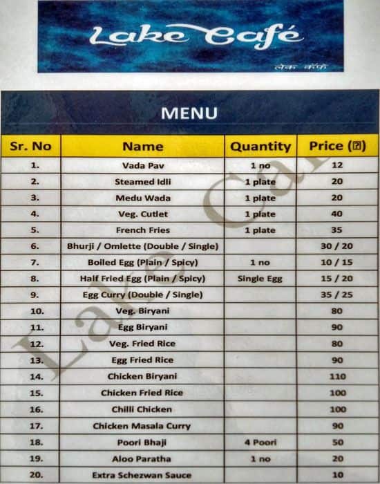 Menu at Lake Cafe, Mumbai, Shop 1