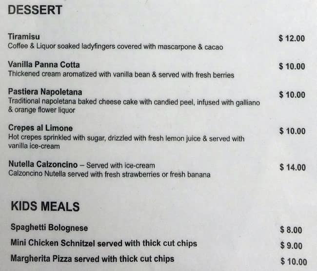 Menu at Cinquecento restaurant, Huntingdale