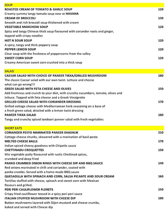 Menu of Havana, Gokulam, Mysore