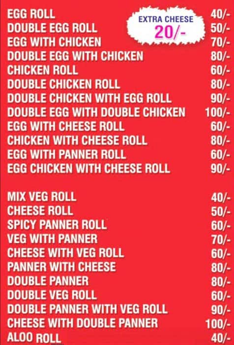 Menu of Kolkata Famous Kati Rolls, Basaveshwara Nagar, Bangalore