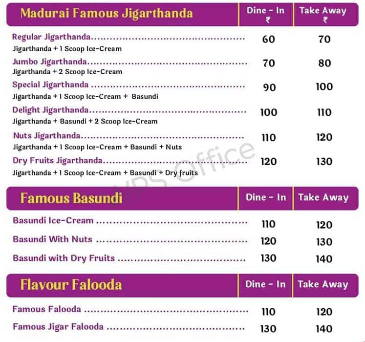 Menu of Madurai Famous Jigarthanda, Red Hills, Chennai