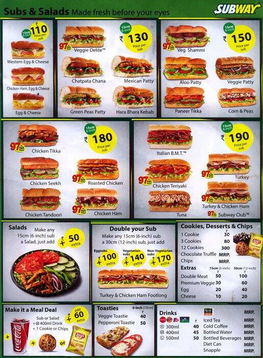 Subway Menu, Menu for Subway, Jayanagar, Bangalore - Zomato