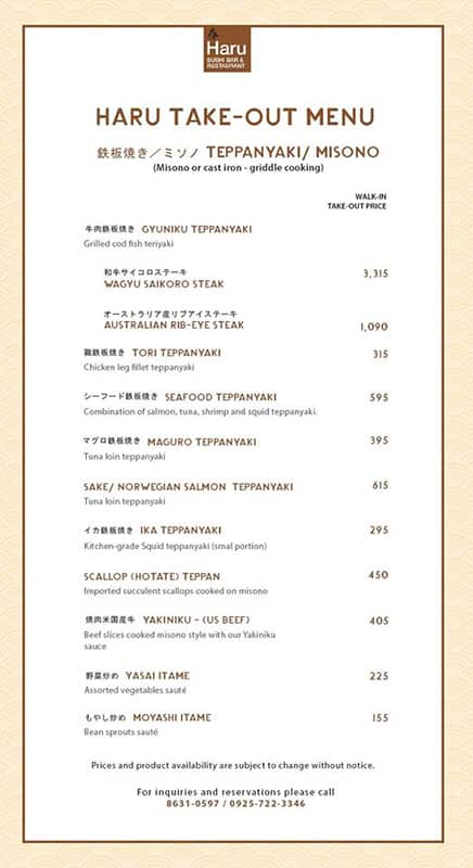 Menu at Haru Sushi Bar & Restaurant, Pasig