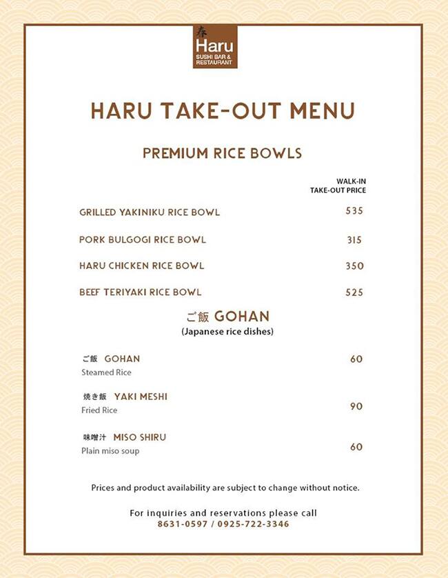 Menu at Haru Sushi Bar & Restaurant, Pasig